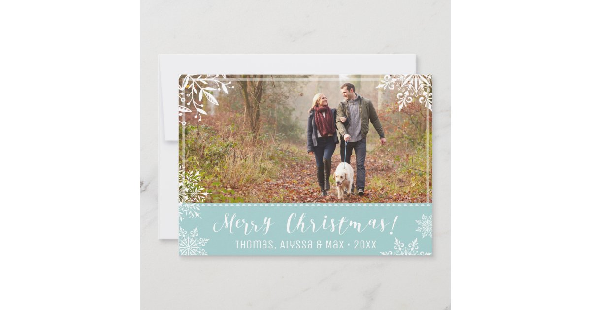 Merry Christmas Ice Blue & Snow Personalized Photo Holiday Card | Zazzle