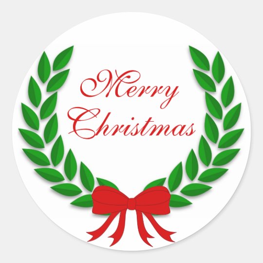 Merry Christmas Laurel Leaf Wreath and Red Bow Classic Round Sticker ...