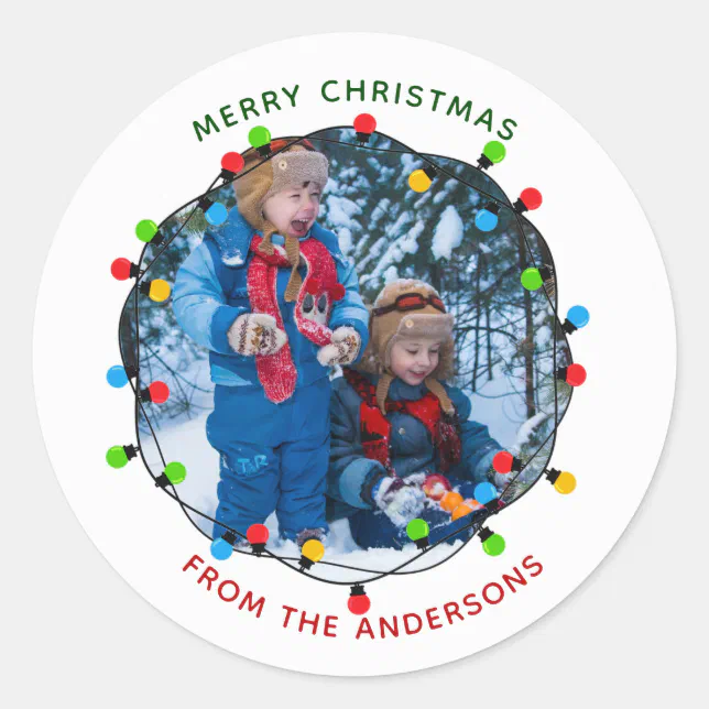 Merry Christmas Lights Photo Red Green From Classic Round Sticker | Zazzle