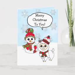 Merry Christmas Llama and Snowman Hand Drawn Card | Zazzle