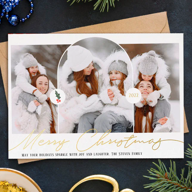 Merry Christmas modern arch 3 photos red script Foil Holiday Card | Zazzle