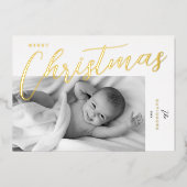 Merry Christmas Modern Gold Script Photo Foil Holiday Card | Zazzle