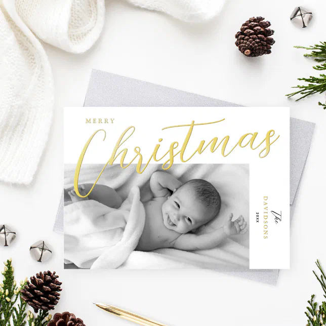 Merry Christmas Modern Gold Script Photo Foil Holiday Card | Zazzle