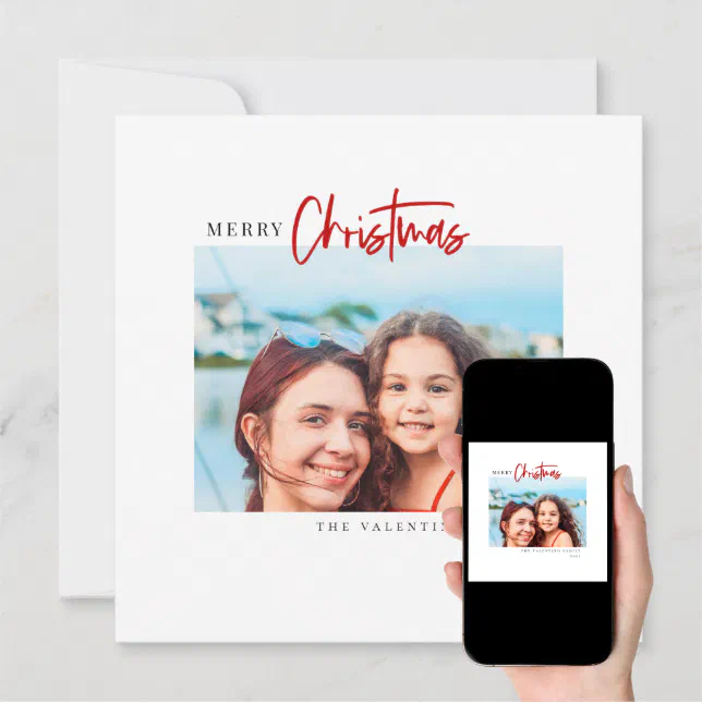 Merry Christmas Modern Red Script Minimalist Photo Holiday Card | Zazzle