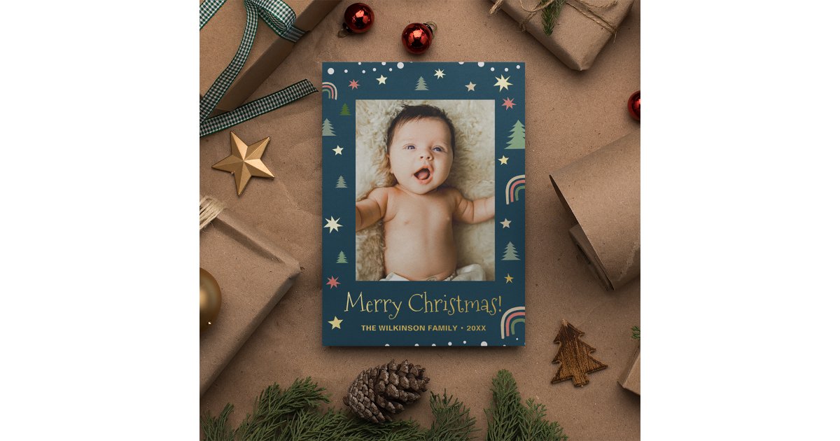 Merry Christmas Modern Scandi Blue Custom photo Foil Holiday Card | Zazzle