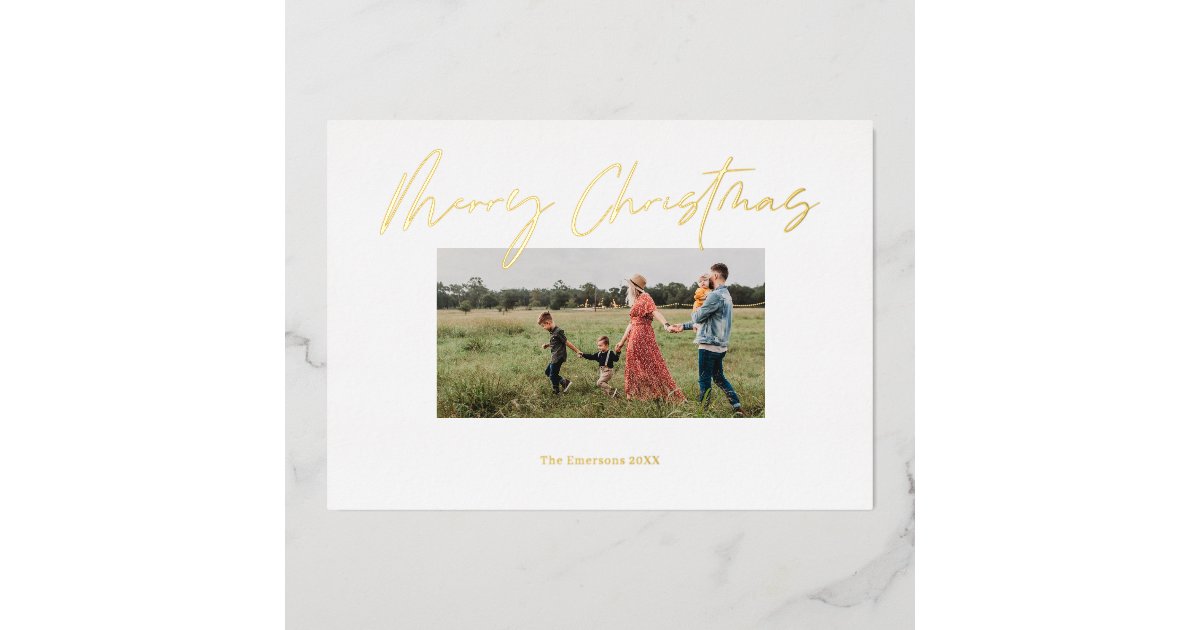 Merry Christmas Modern Scrip Foil Holiday Card | Zazzle