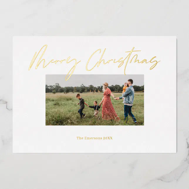 Merry Christmas Modern Scrip Foil Holiday Card | Zazzle