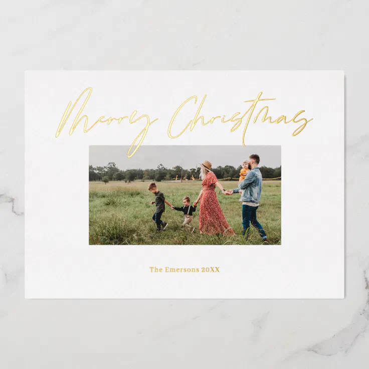 Merry Christmas Modern Scrip Foil Holiday Card | Zazzle