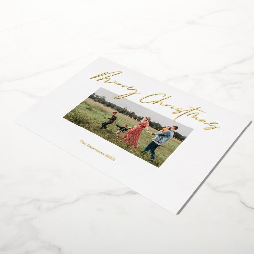 Merry Christmas Modern Scrip Foil Holiday Card | Zazzle