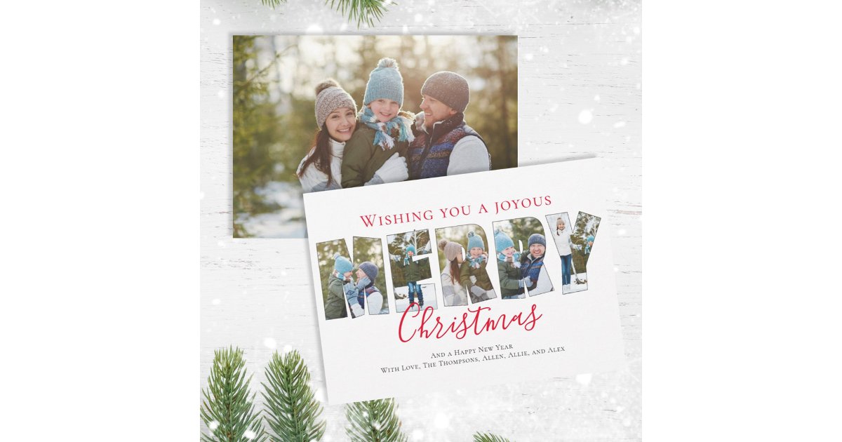 Merry Christmas Multi Photo Collage Typography Holiday Card | Zazzle