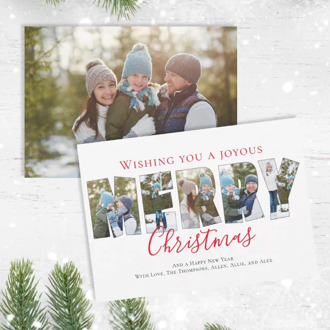 Merry Christmas Multi Photo Collage Typography Holiday Card | Zazzle