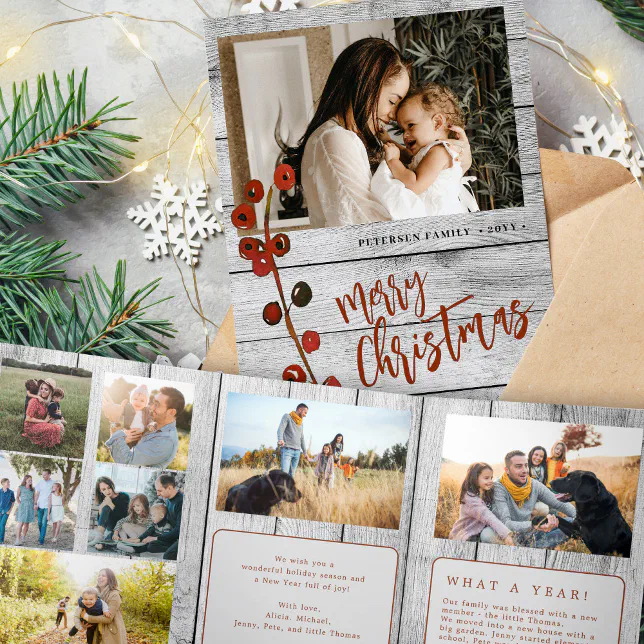 Merry Christmas multi photo family rustic wood Tri-Fold Holiday Card ...