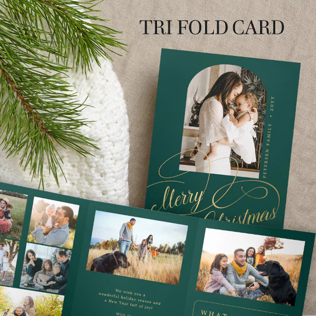 Merry Christmas multi photo family year in review Tri-Fold Holiday Card ...