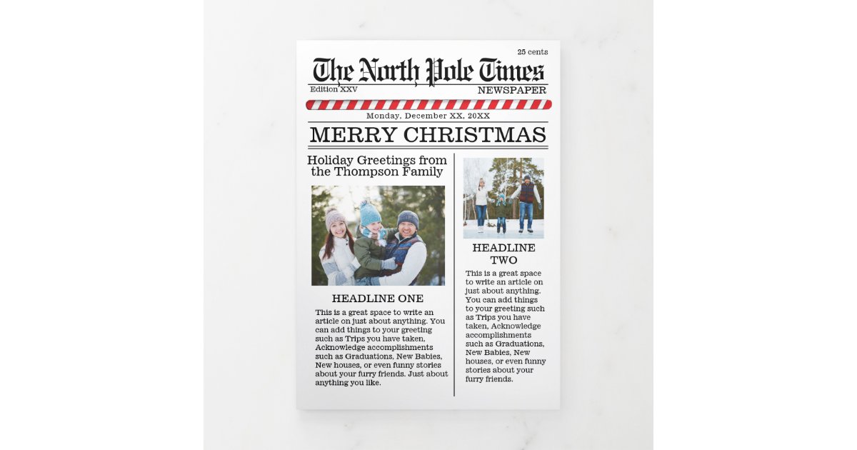 Merry Christmas Multi Photo Fun North Pole News Tri-Fold Holiday Card ...