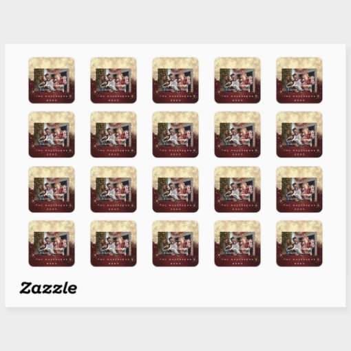 Merry Christmas New Gold Glitter Photo Maroon Square Sticker | Zazzle