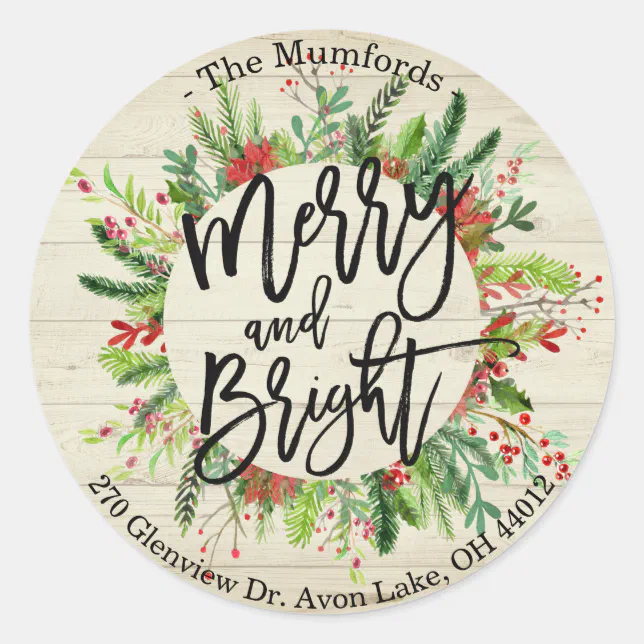 Merry Christmas New Year Wish Holly Wreath Address Classic Round ...
