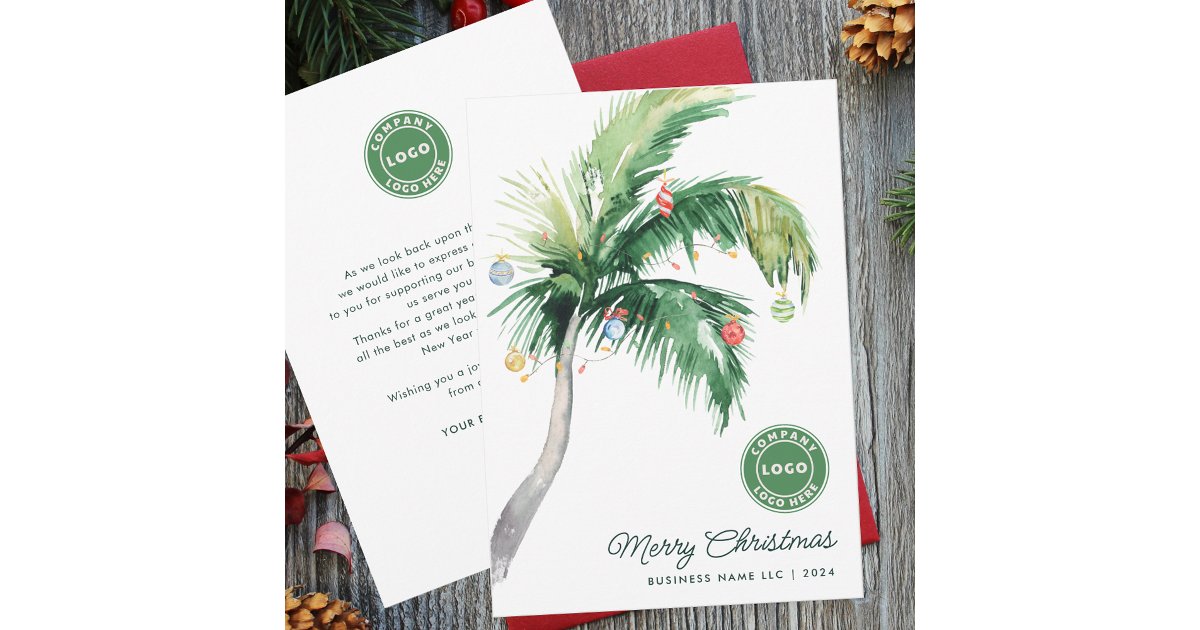 Merry Christmas Palm Tree Coastal Business Logo Holiday Card | Zazzle