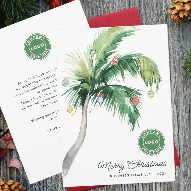 Merry Christmas Palm Tree Coastal Business Logo Holiday Card | Zazzle