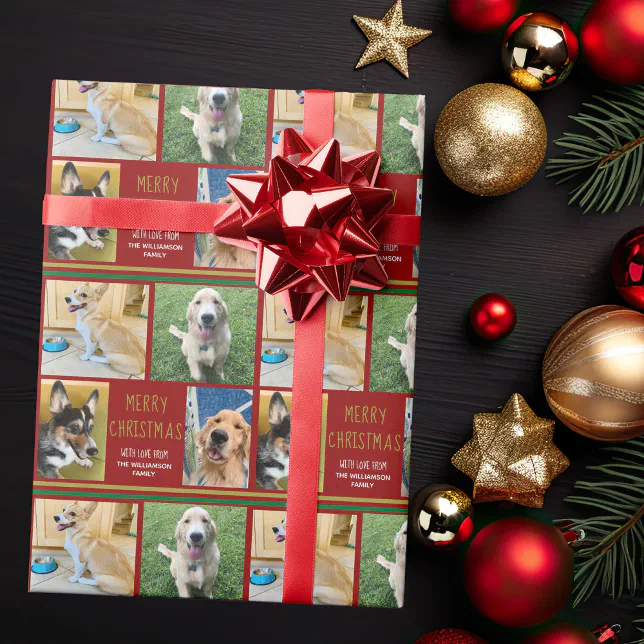 Merry Christmas Pet Photo Collage Custom Dog Owner Wrapping Paper | Zazzle