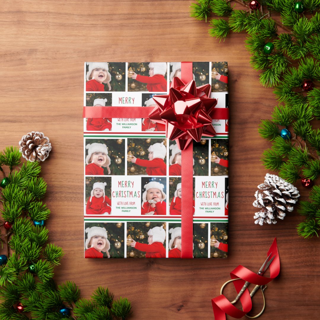 Merry Christmas Photo Collage Beautiful Red Green Wrapping Paper | Zazzle