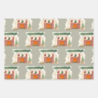 Merry Christmas Pine Tree and Cozy Fireplace Wrapping Paper Sheets | Zazzle