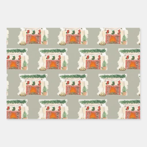 Merry Christmas Pine Tree and Cozy Fireplace Wrapping Paper Sheets | Zazzle