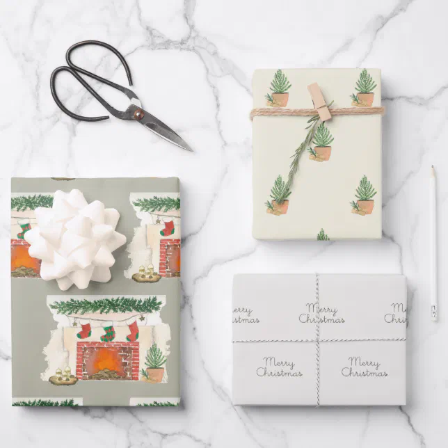Merry Christmas Pine Tree and Cozy Fireplace Wrapping Paper Sheets | Zazzle