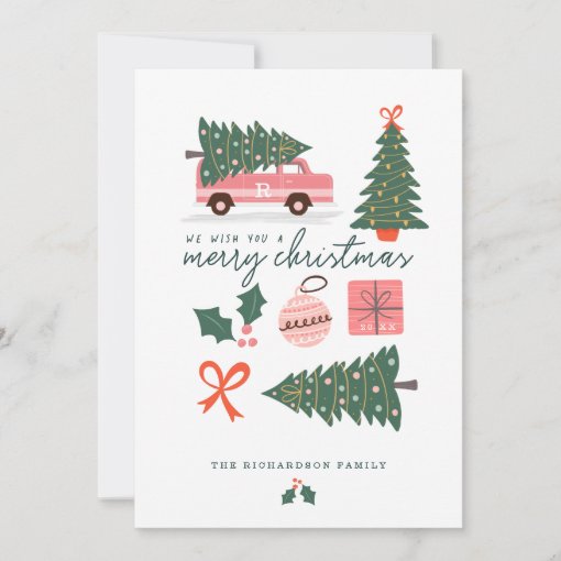 Merry Christmas Pink Retro Van Christmas Tree Holiday Card | Zazzle