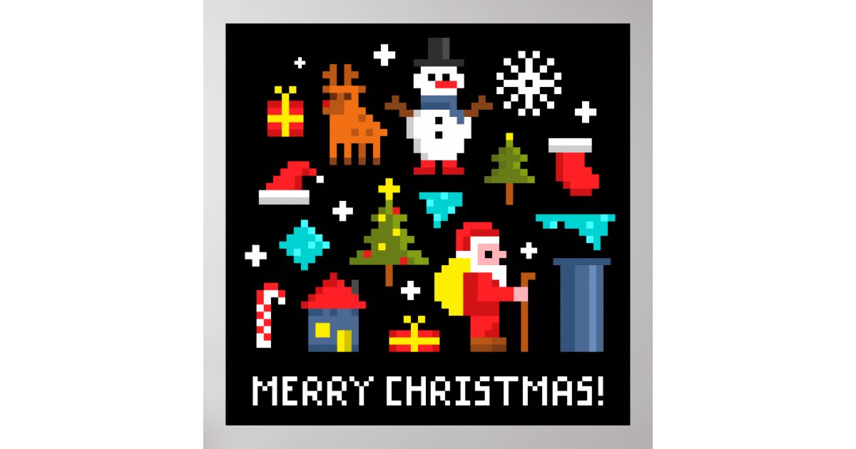Merry Christmas pixel cartoons Poster | Zazzle