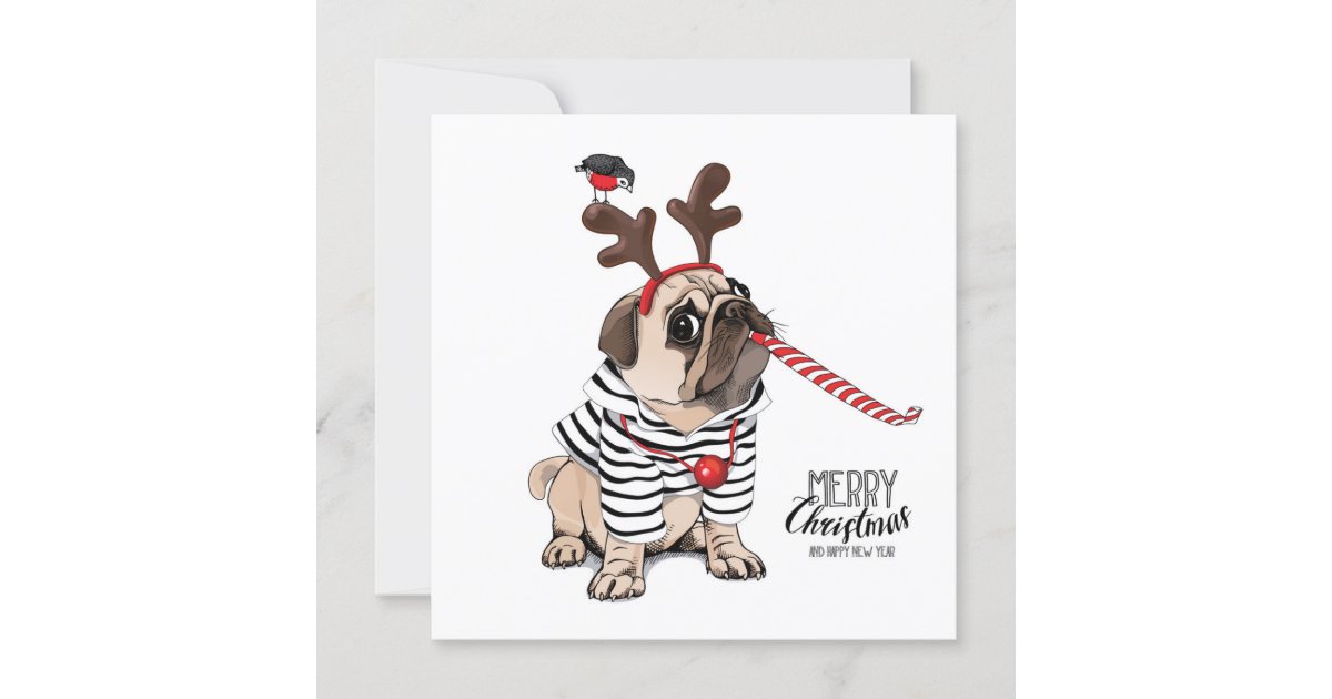 Merry Christmas | Pug Reindeer Invitation | Zazzle