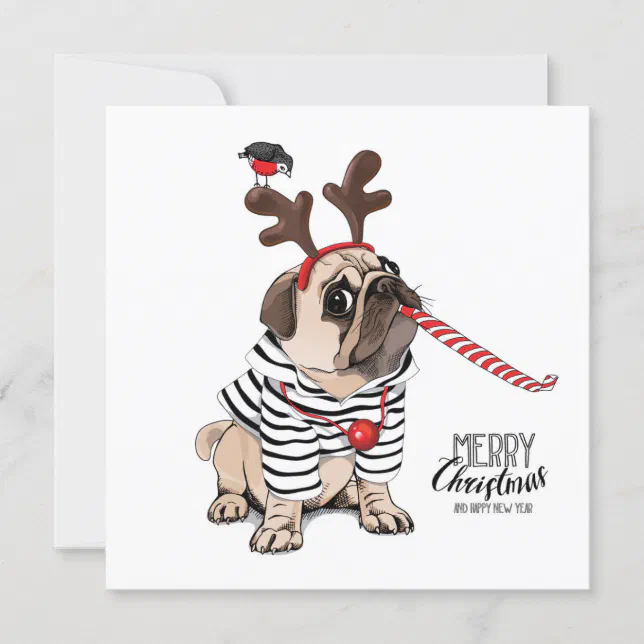 Merry Christmas | Pug Reindeer Invitation | Zazzle