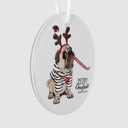 Merry Christmas | Pug Reindeer Ornament | Zazzle