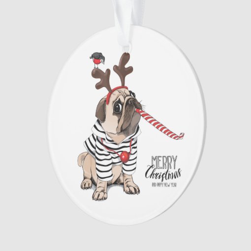 Merry Christmas | Pug Reindeer Ornament | Zazzle