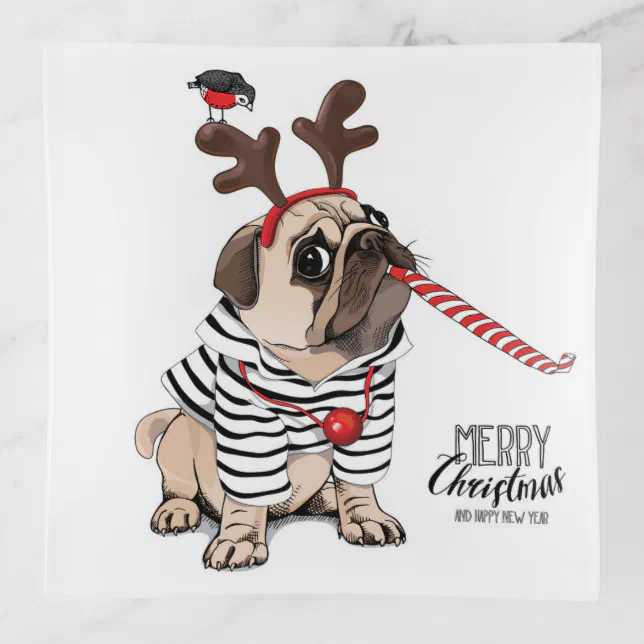 Merry Christmas | Pug Reindeer Trinket Tray | Zazzle