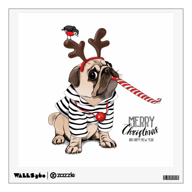 Merry Christmas | Pug Reindeer Wall Decal | Zazzle