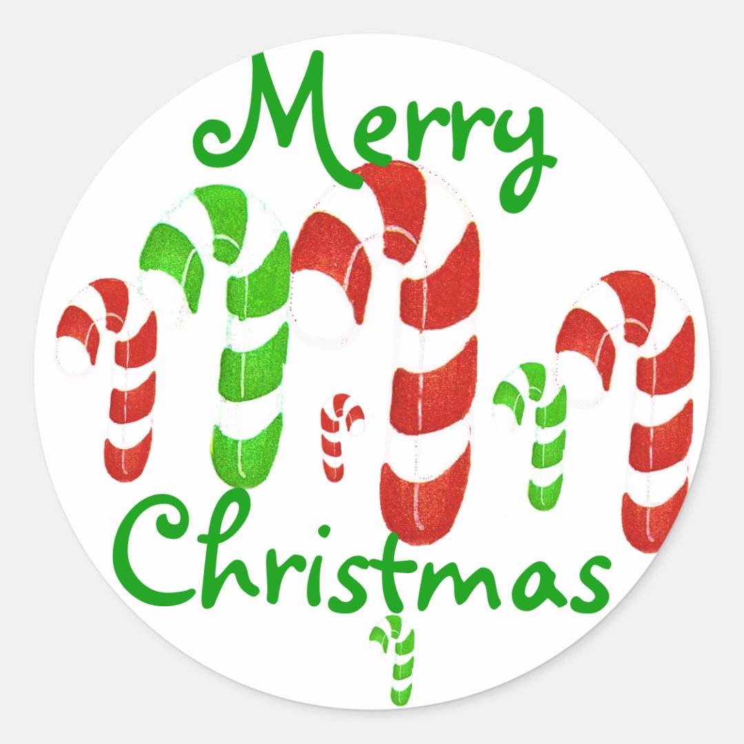 Merry Christmas Red and Green Candy Cane Classic Round Sticker | Zazzle