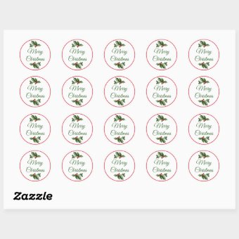 Merry Christmas Red and Green Holly Classic Round Sticker | Zazzle