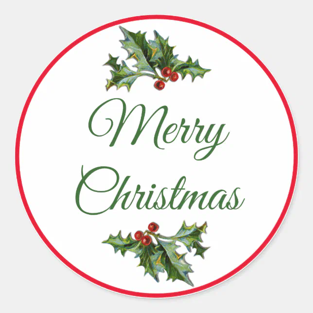 Merry Christmas Red and Green Holly Classic Round Sticker | Zazzle