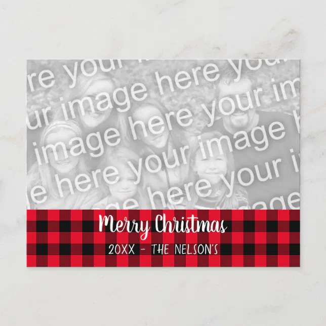 Merry Christmas Red Buffalo Plaid Family Photo Postcard | Zazzle