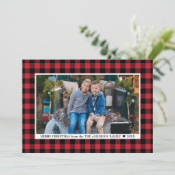 Merry Christmas Red Buffalo Plaid Photo Holiday Card | Zazzle