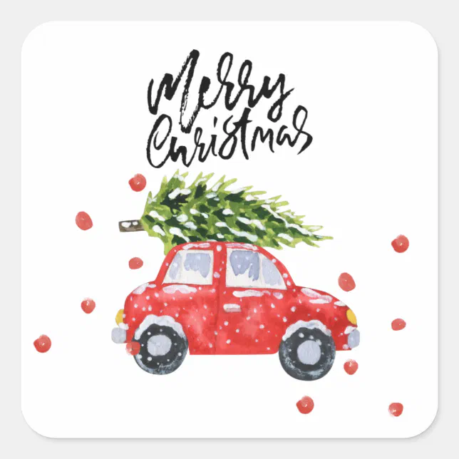 Merry Christmas red car with Christmas tree white Square Sticker | Zazzle