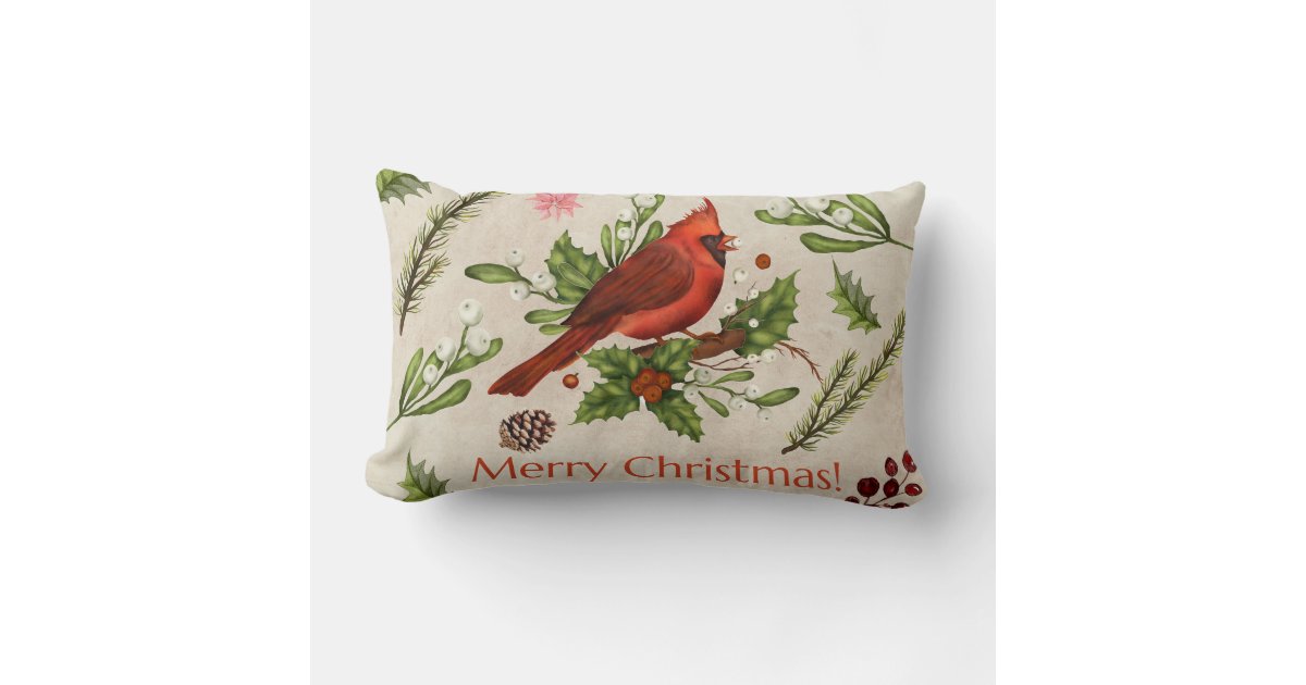 Merry Christmas Red Cardinal Lumbar Pillow | Zazzle