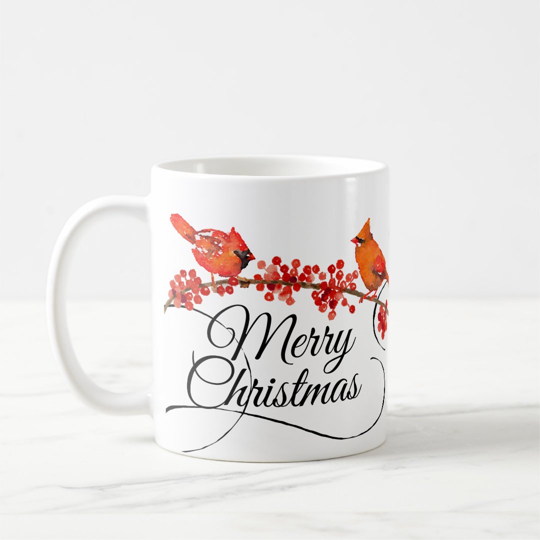 Merry Christmas Red Cardinals Monogrammed Holiday Coffee Mug | Zazzle