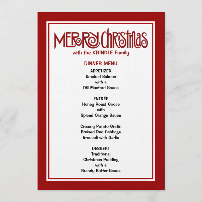 Merry Christmas red Dinner Menu | Zazzle