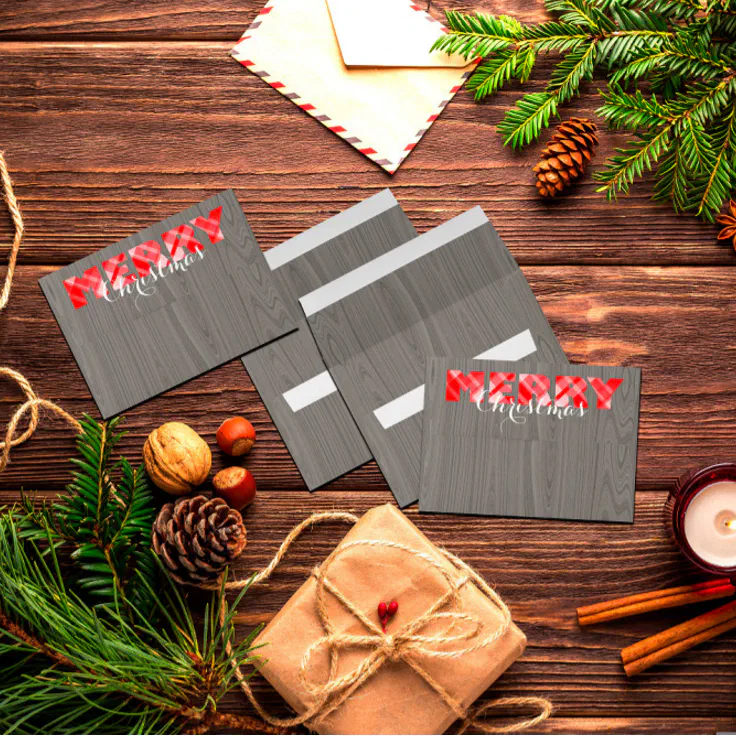 Merry Christmas Red Festive Plaid Script On Wood Envelope | Zazzle