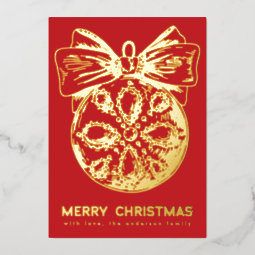 Merry Christmas Red Golden Ornament | Photo Foil Holiday Card | Zazzle
