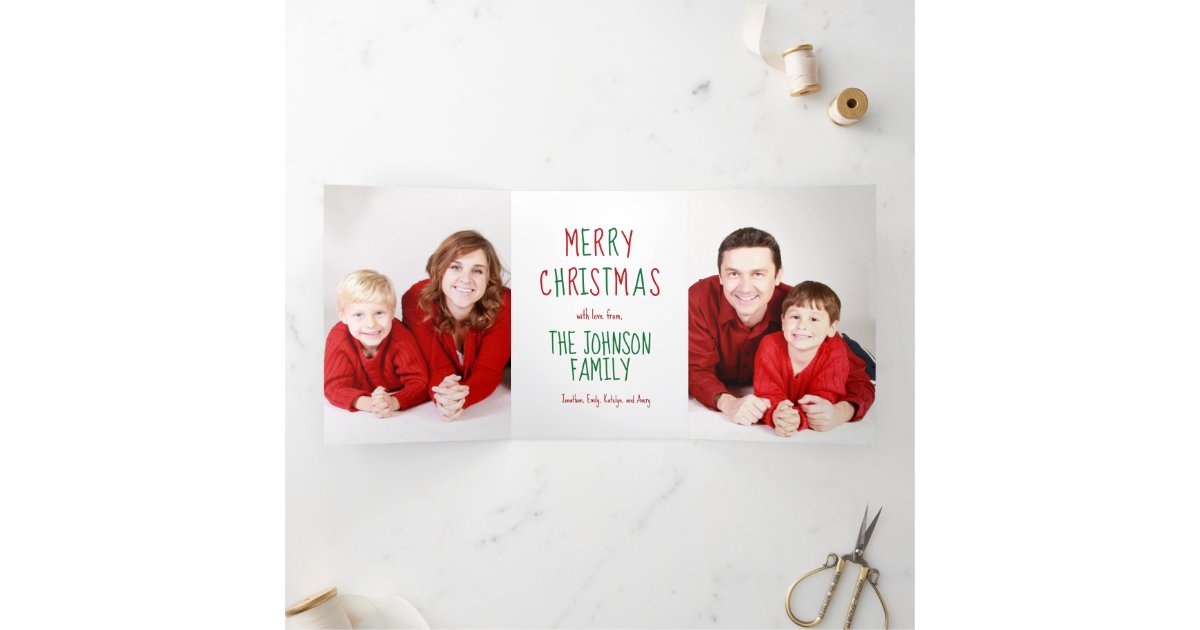 Merry Christmas Red Green 4 Family Photo Cute Tri-Fold Holiday Card ...