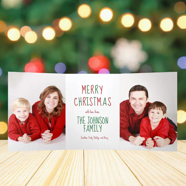 Merry Christmas Red Green 4 Family Photo Cute Tri-Fold Holiday Card ...