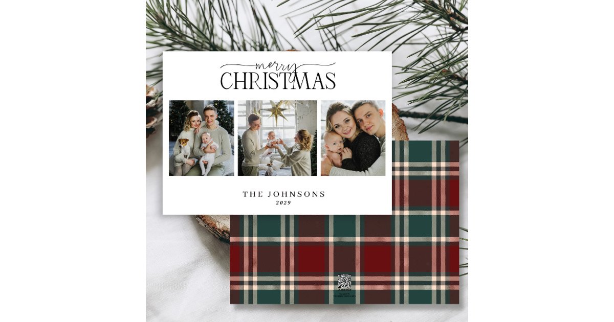 Merry Christmas Red & Green Plaid Multi Photo Holiday Card | Zazzle