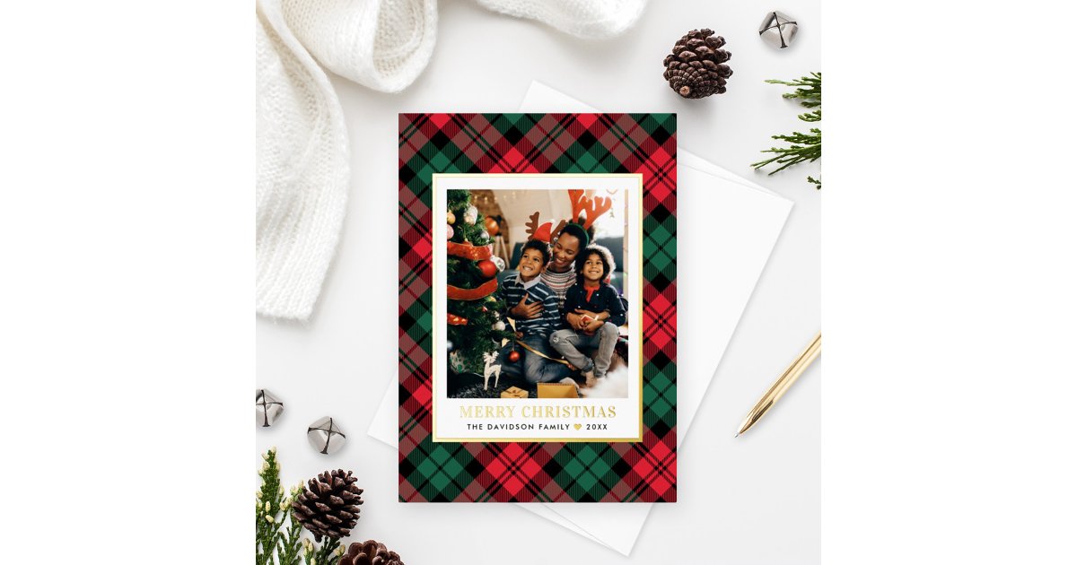 Merry Christmas Red Green Tartan Plaid Photo Foil Holiday Card | Zazzle